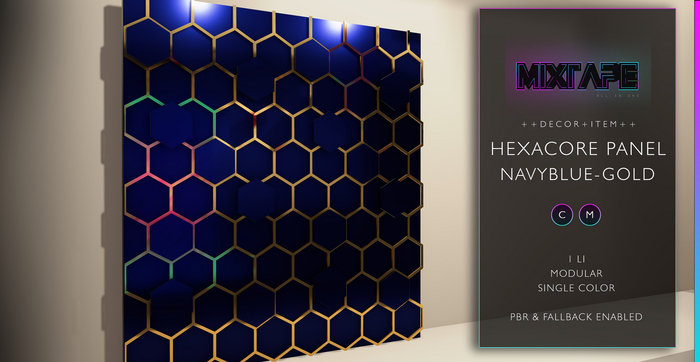 Second Life Marketplace - MIXTAPE Decor - hexacore panel - navyblue gold